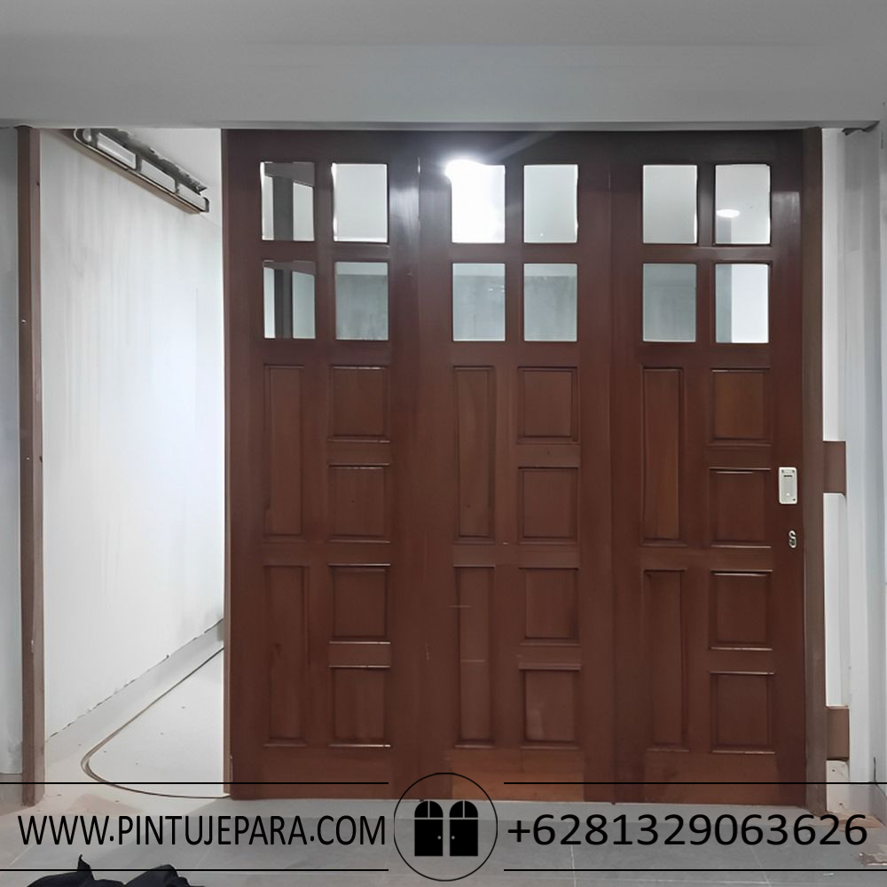 Jual Pintu garasi kayu jati panel kaca rel tikung PJ-98 - Pintu Jepara
