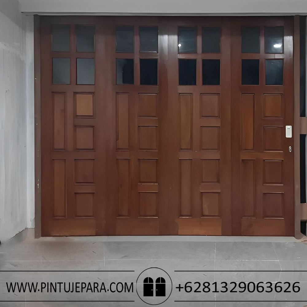 Jual Pintu garasi kayu jati panel kaca rel tikung PJ-98 - Pintu Jepara