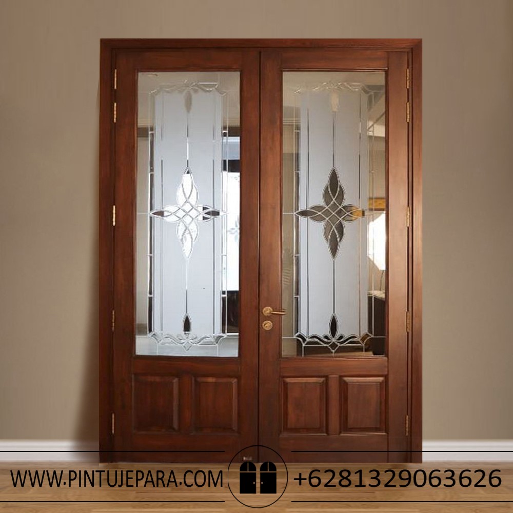 Jual Pintu double kayu jati daun panel kaca klasik PJ-151 - Pintu Jepara