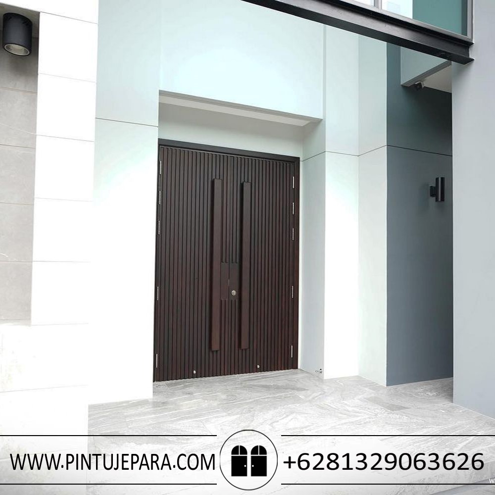 Jual Pintu utama minimalis 2 daun kayu jati dark doff PJ-265 - Pintu Jepara