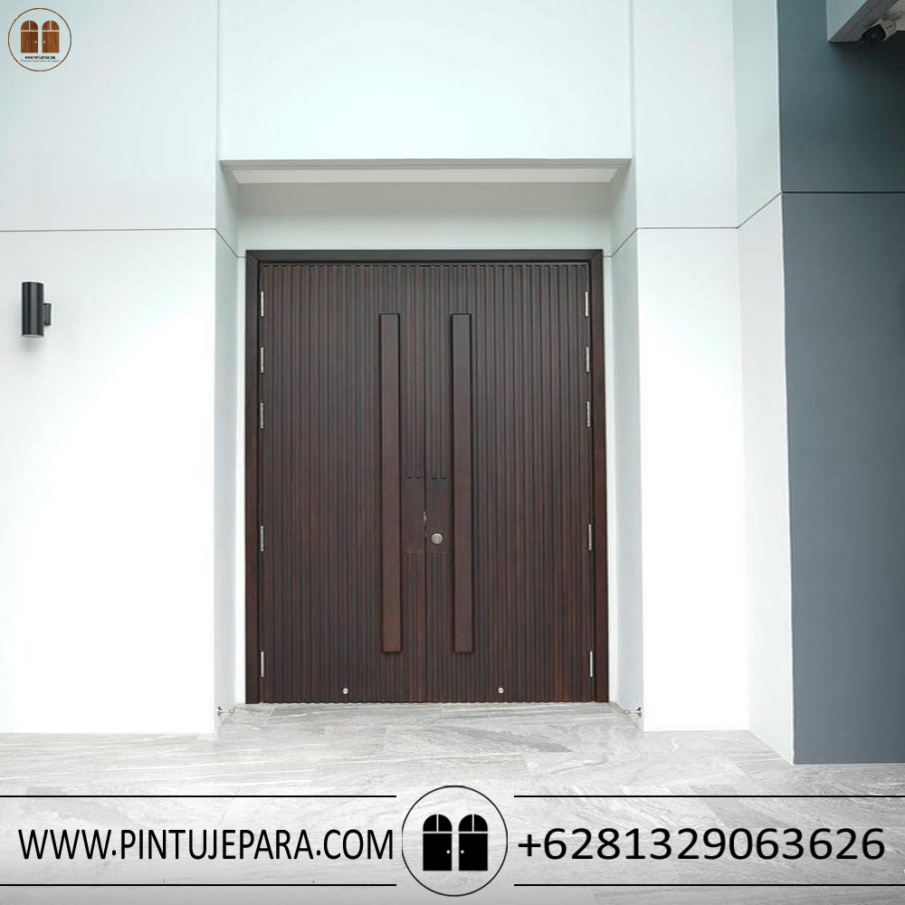 Jual Pintu utama minimalis 2 daun kayu jati dark doff PJ-265 - Pintu Jepara
